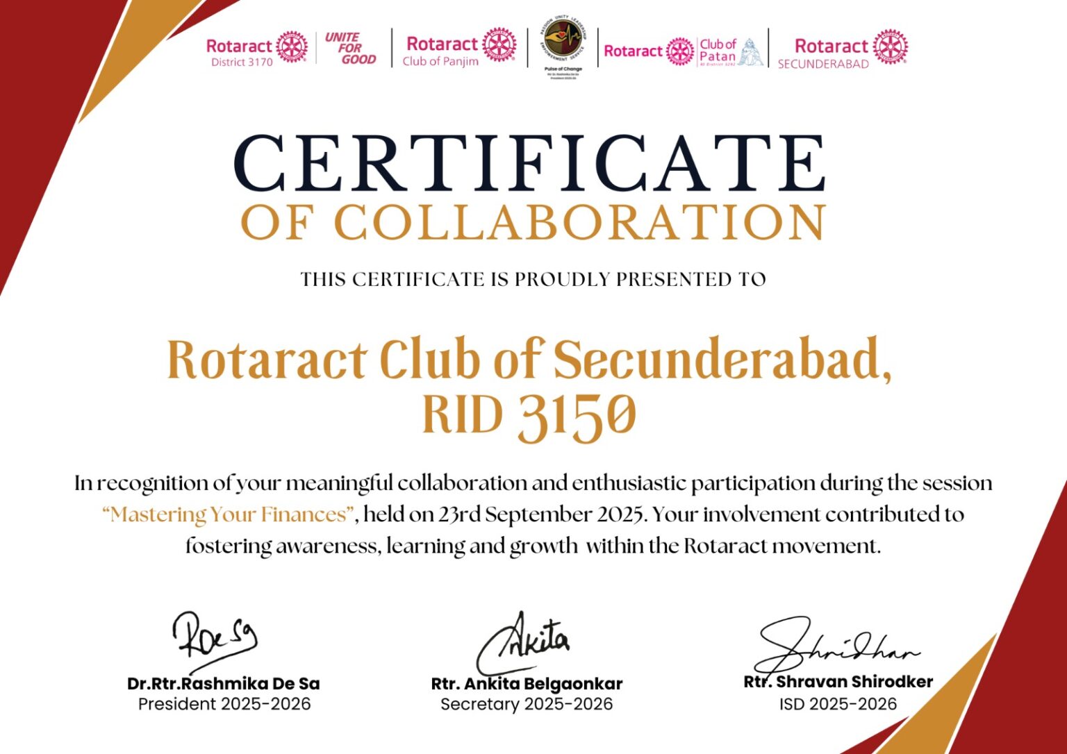 Collaboration with Rotaract club of Panjim and patan on mastering your ...
